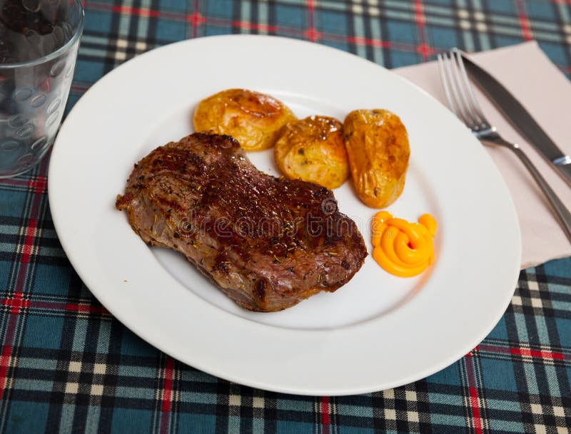 Portion of Just Cooked Beef Steak with Potatoes Stock Image - Image of ...