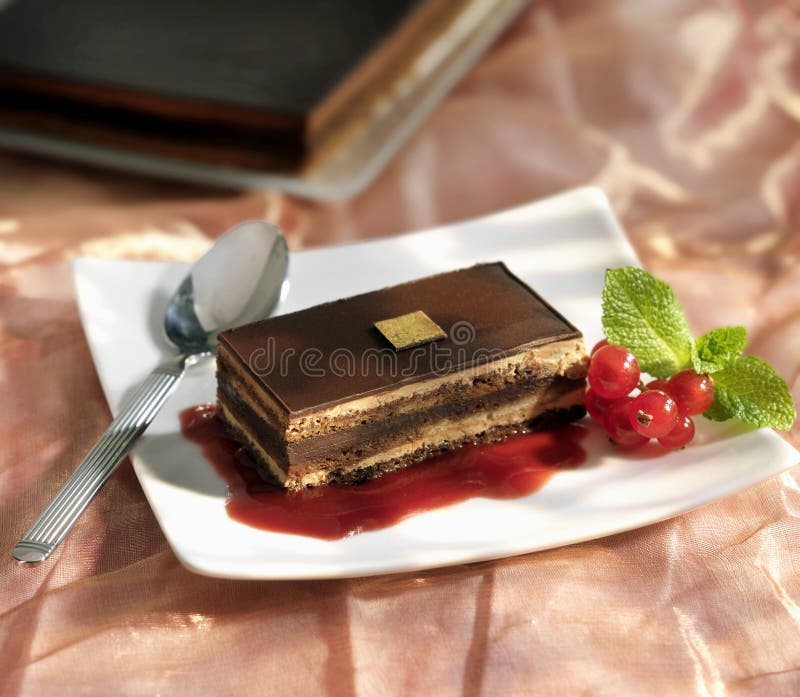 Portion of Opera with Redcurrant Puree Stock Image - Image of pastry ...