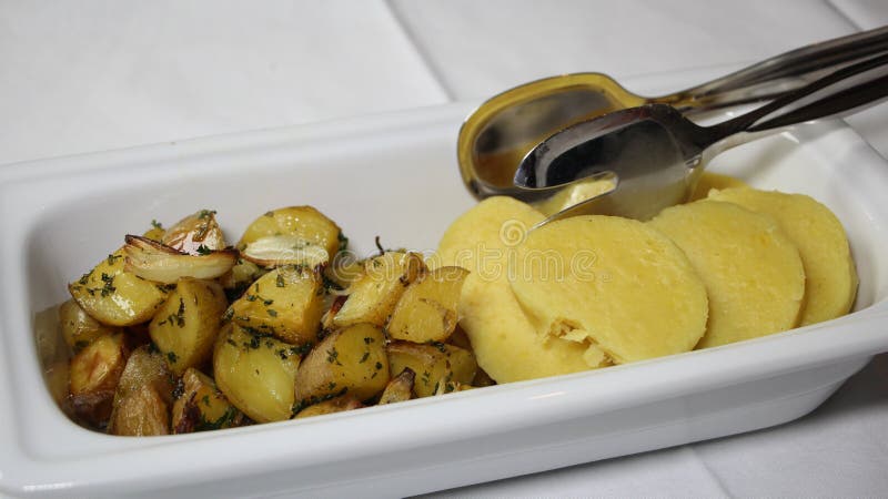 Portion Potatoes of Two Types on One Plate. Rectangular White Plate ...