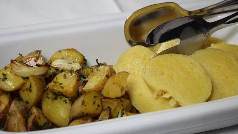 Portion Potatoes of Two Types on One Plate. Rectangular White Plate ...