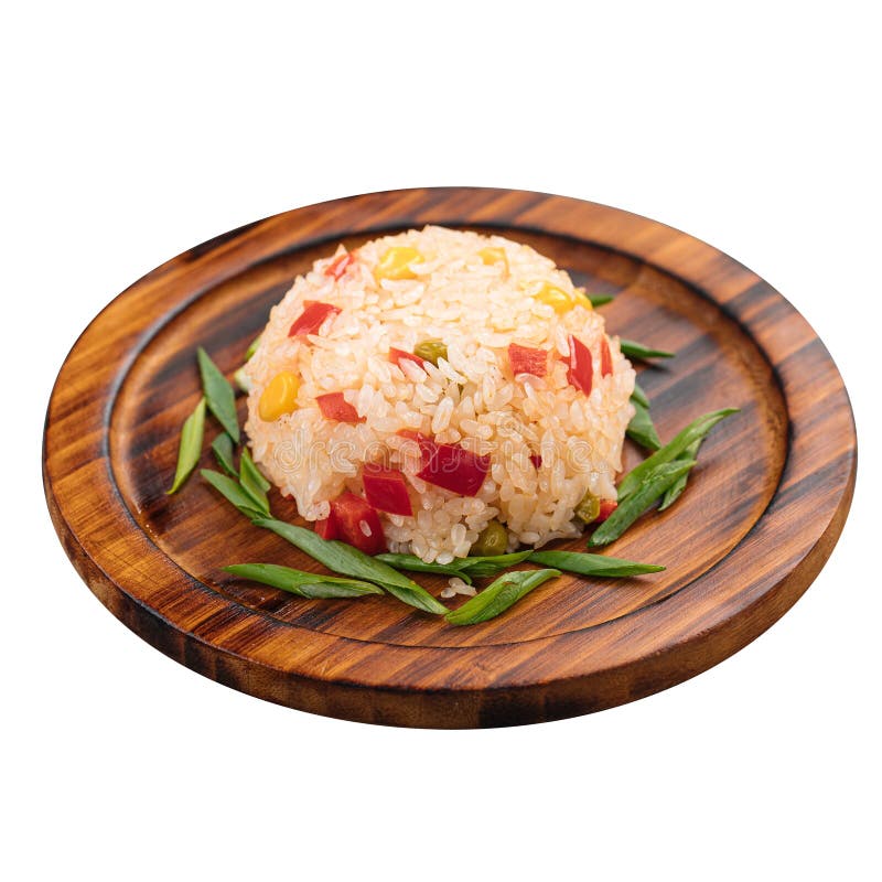 Portion of Rice with Vegetables on Wooden Plate Stock Photo - Image of ...