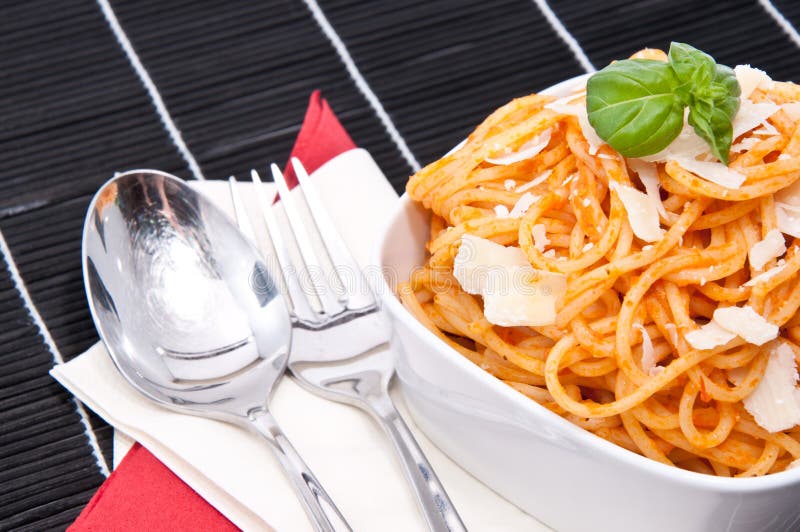 Portion of Spaghetti with Silverware Stock Image - Image of sauce ...