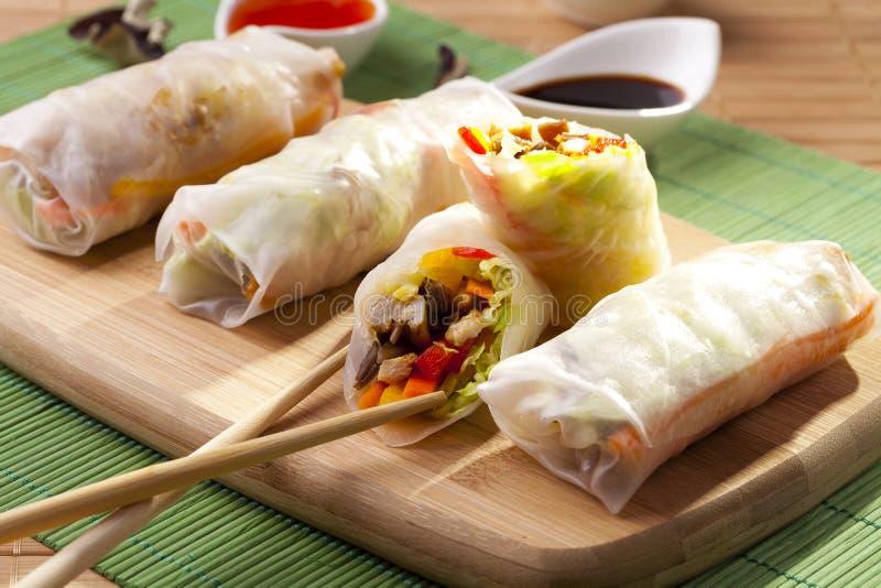 Portion of Spring Rolls on a Bamboo Board Stock Photo - Image of fresh ...