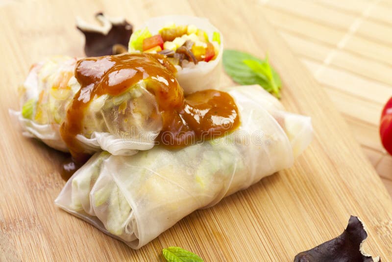 Portion of Spring Rolls on a Bamboo Board Stock Photo - Image of diet ...