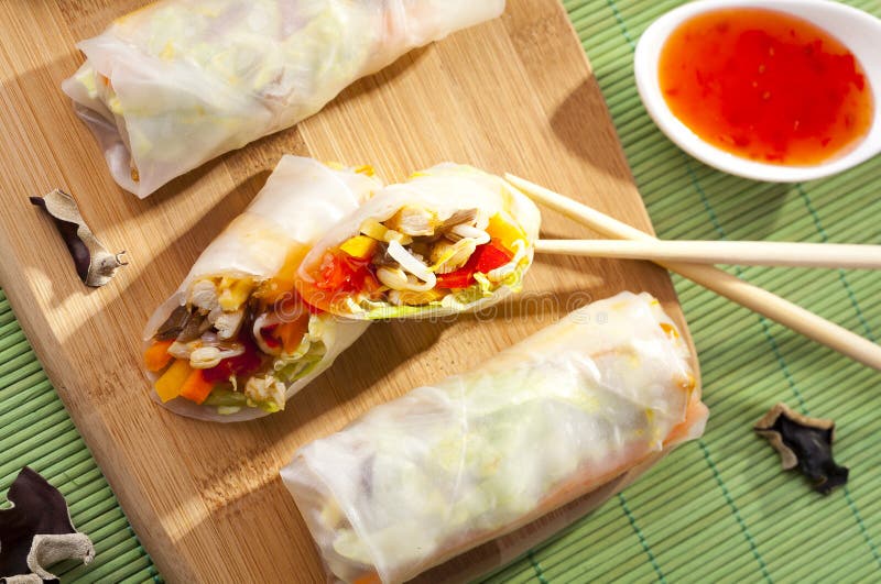 Portion of Spring Rolls on a Bamboo Board Stock Photo - Image of ...