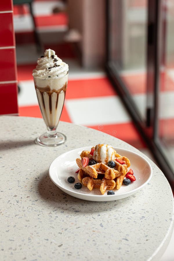 Portion of Waffles with Ice Cream and Milkshake Stock Photo - Image of ...