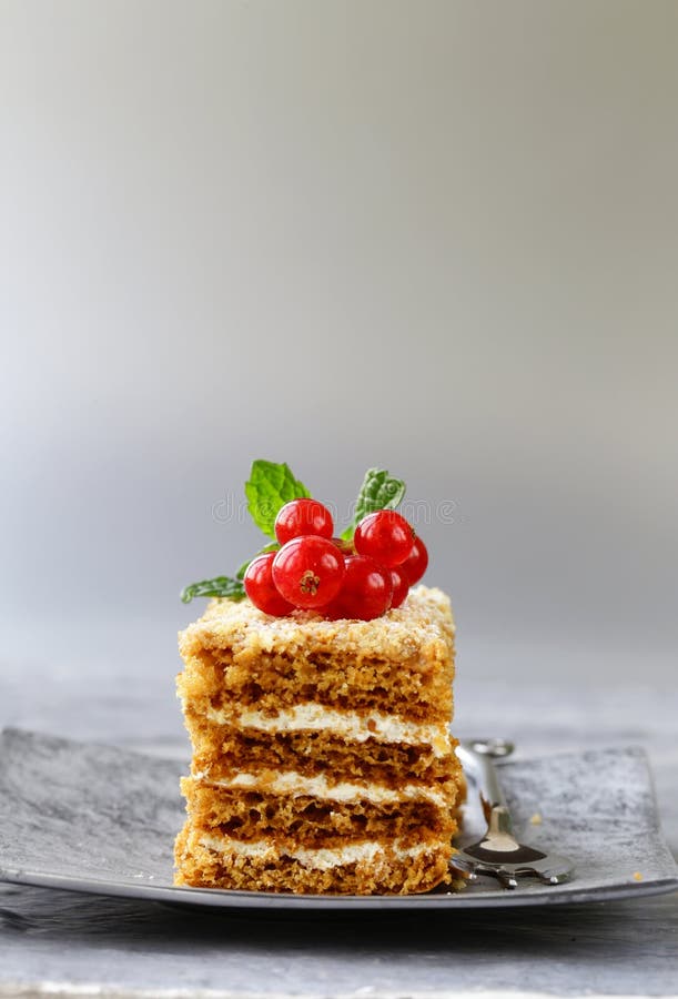 Dessert - a Piece of Cake, a Biscuit and Cream, Close-up Stock Image ...