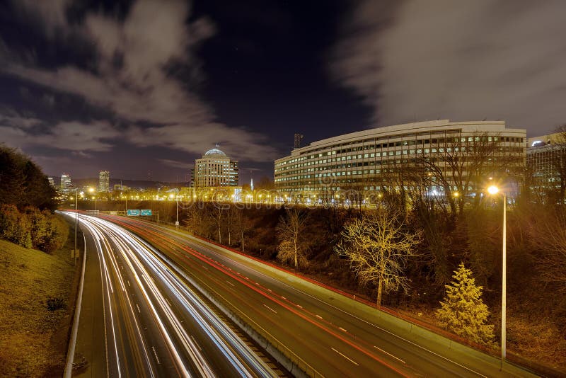 Portland Cityscape by I-84 Freeway Stock Image - Image of evening ...