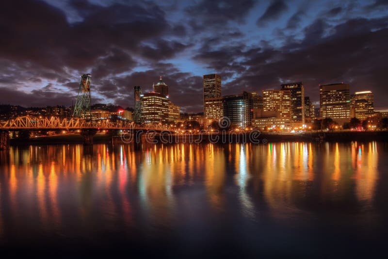 Portland Downtown Skyline at Night Stock Photo - Image of downtown ...