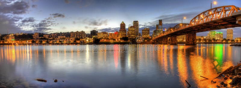 Portland Downtown Skyline Night Panorama 2 Stock Photo - Image of ...