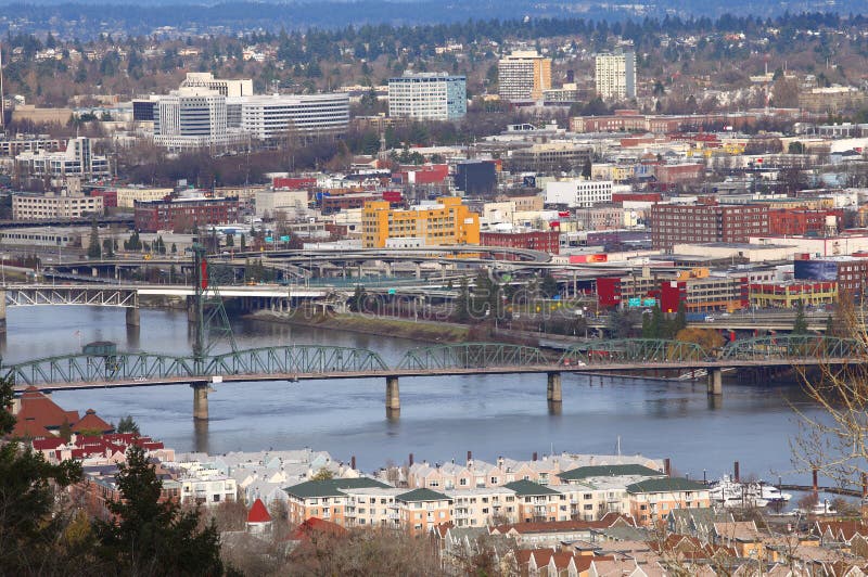 Portland Hawthorne Bridge & Industrial Area. Stock Image - Image of ...