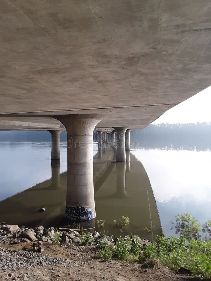 A Bridge from Underneath Reflected in Water. a Dividing Line between ...