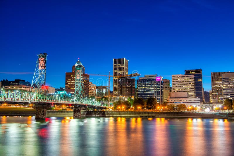 Portland Night Skyline and River Reflections, Oregon Stock Photo ...