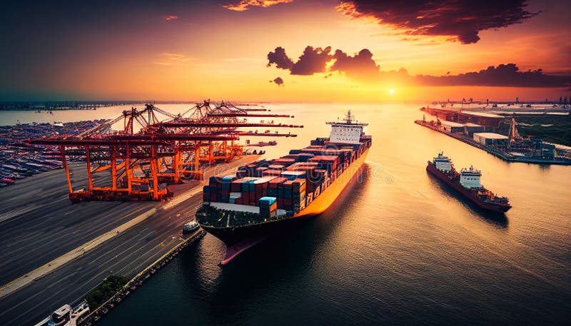 Portos Com Navios De Carga E Contentores Que Trabalhem Com Grua ...