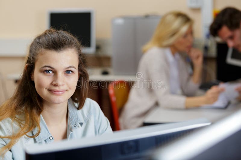 Portrait Adolescent Female Student Sat at Computer Stock Image - Image ...