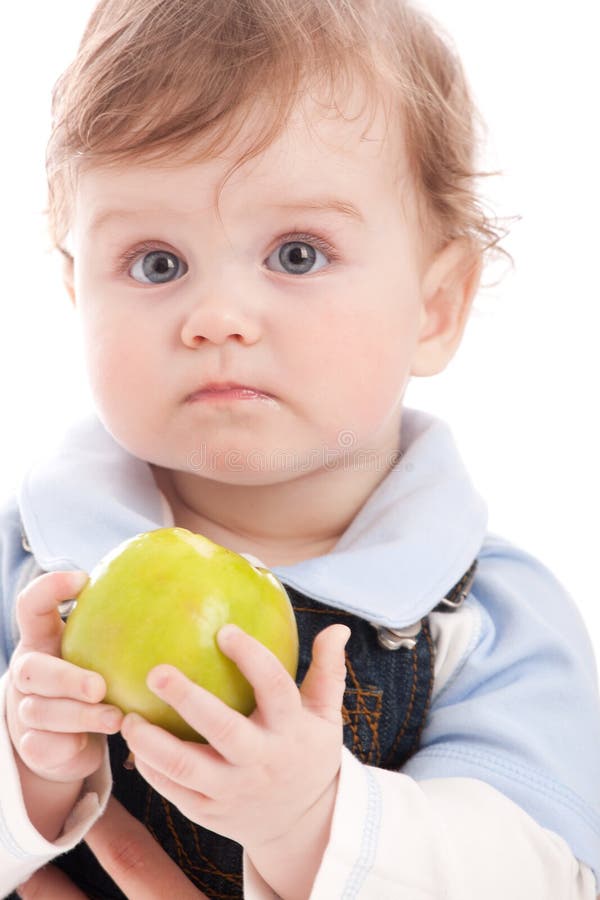 Portrait of Adorable Baby Hold Green Apple Stock Image - Image of ...