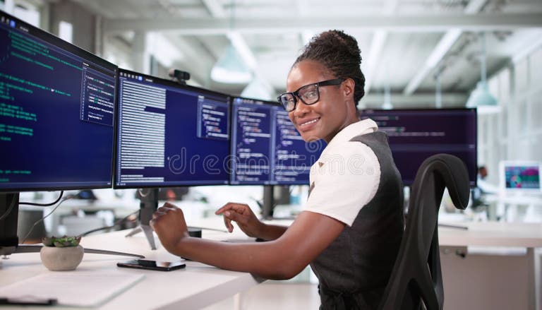 Portrait of African American Woman Coder Working Stock Image - Image of ...