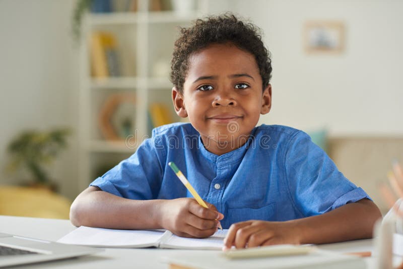 Portrait of Afro-American Boy at Table Stock Image - Image of happiness ...