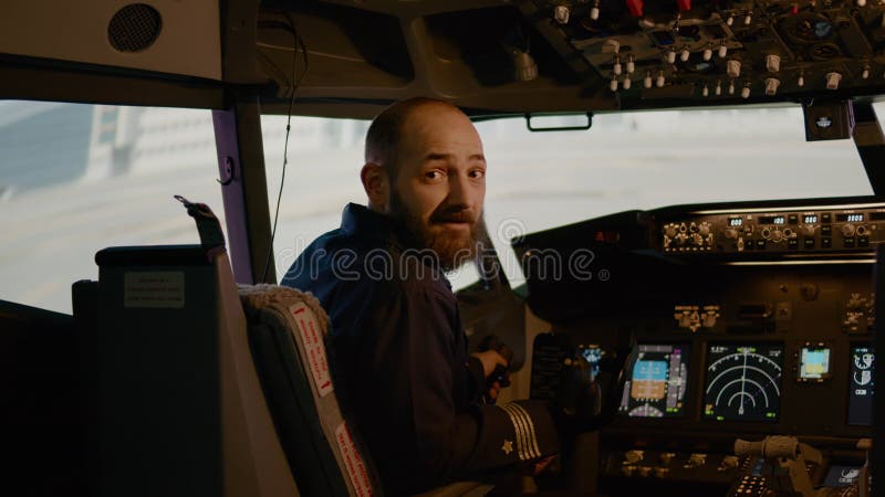 Portrait of Airplane Captain Preparing To Fly Aircraft in Cockpit Stock ...