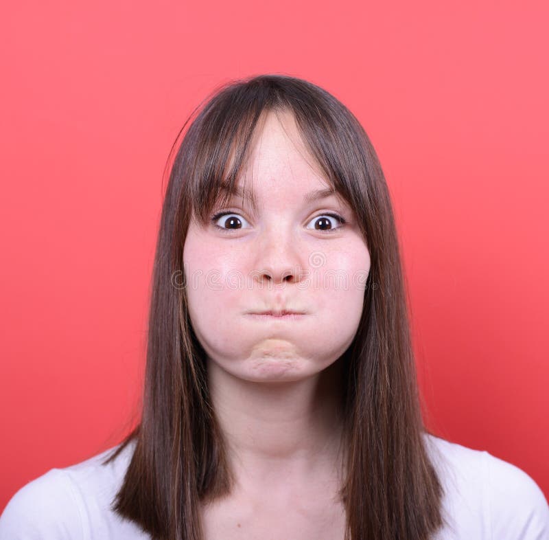 Portrait of Amazed Girl Against Red Background Stock Photo - Image of ...