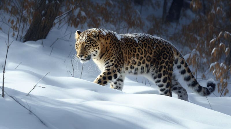 Portrait of Amur Leopard. a Lone Amur Leopard Trudging through the Deep ...