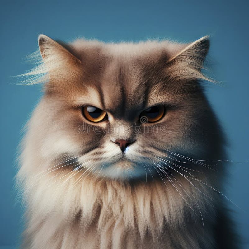 Portrait of a Fat Furry Cat with an Angry Expression on Grass Blured ...