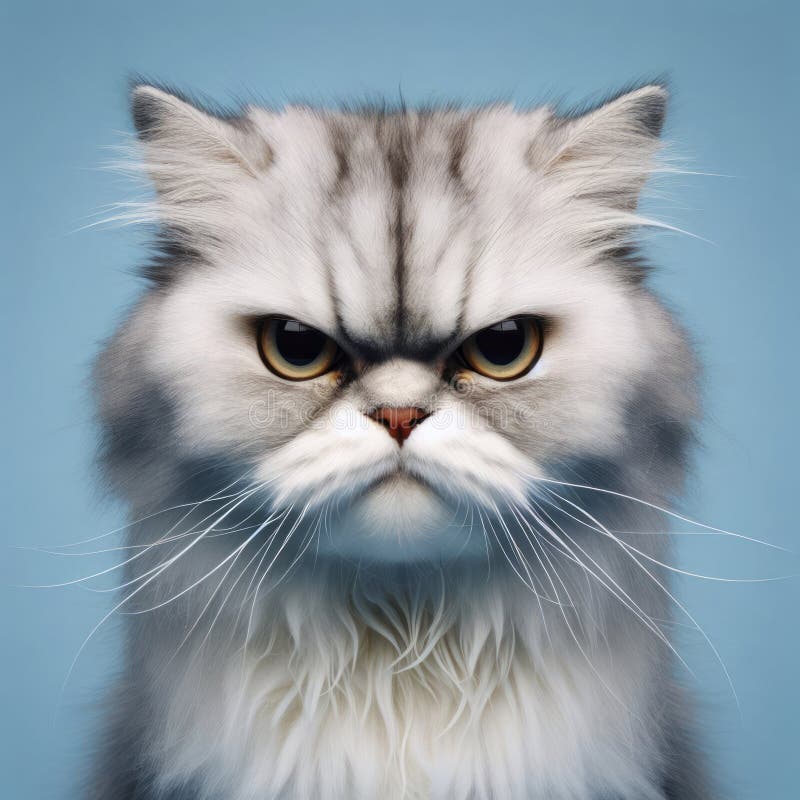 Portrait of a Fat Furry Cat with an Angry Expression on Grass Blured ...