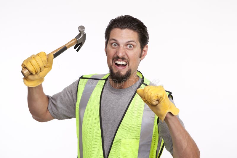 Portrait of an Angry Construction Worker with a Hammer Stock Photo ...