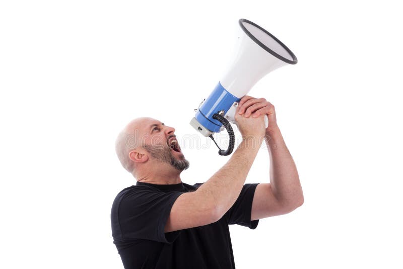 Portrait of Angry Man Shouting with a Megaphone. Bearded Man Yelling ...