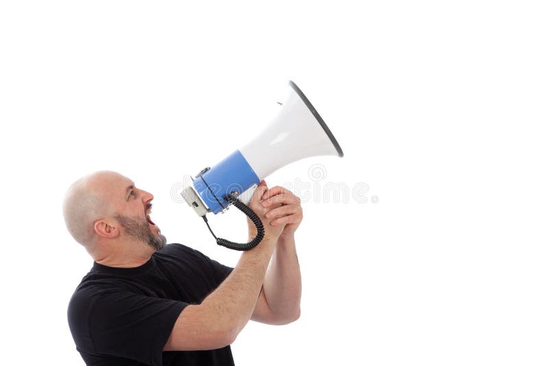 Portrait of Angry Man Shouting with a Megaphone. Bearded Man Yelling ...