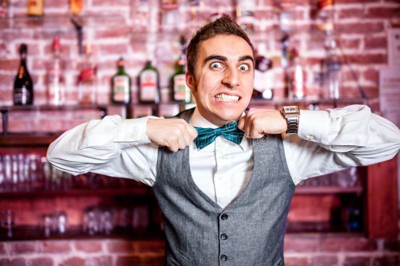 Portrait of Angry and Stressed Bartender or Barman with Bowtie Stock ...