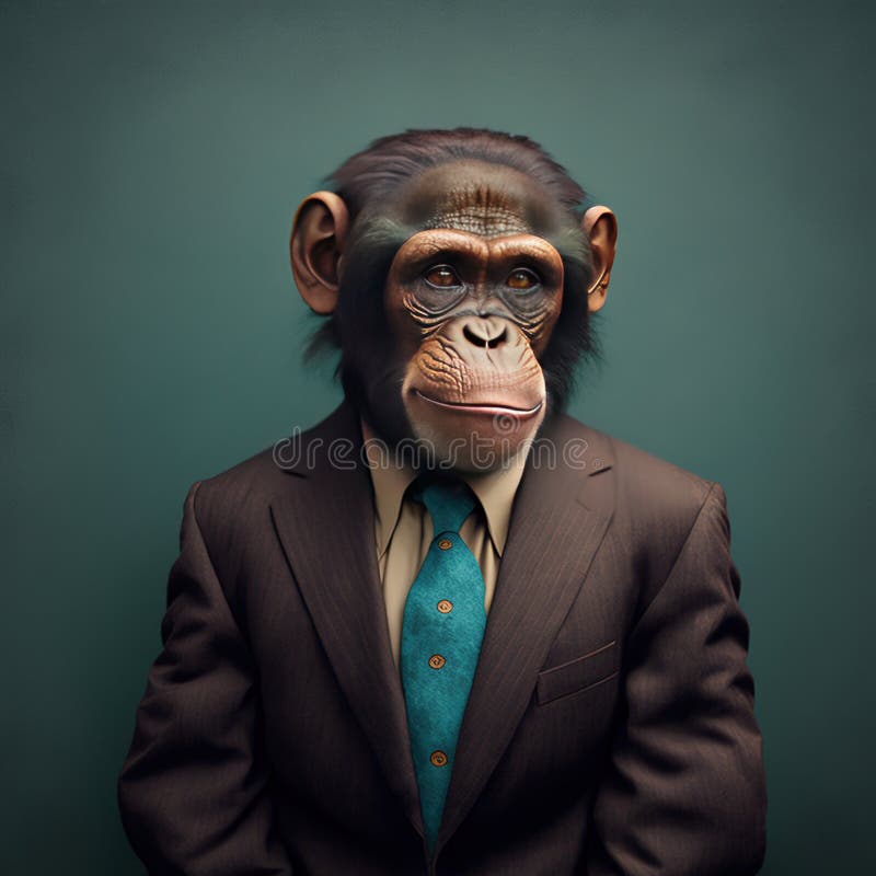 Portrait of Ape with Suit and Blue Tie on Gray Background, Created ...