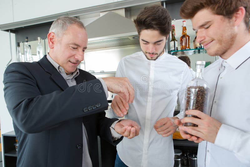 Portrait Apprentices Barmen with Teacher Stock Image - Image of counter ...