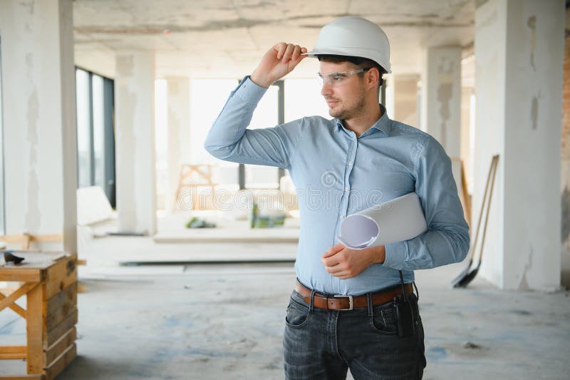 Portrait of an Architect Builder Studying Layout Plan of the Rooms ...