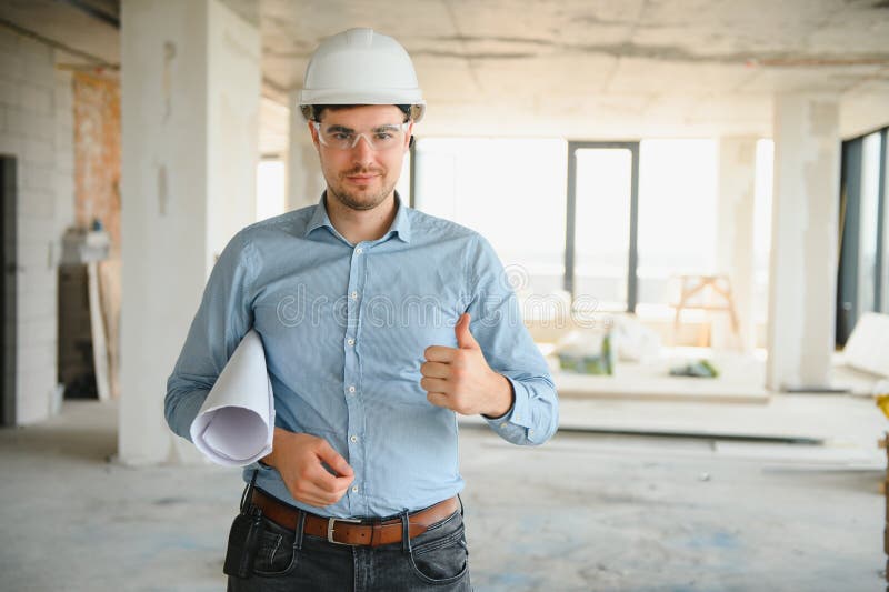 Portrait of an Architect Builder Studying Layout Plan of the Rooms ...