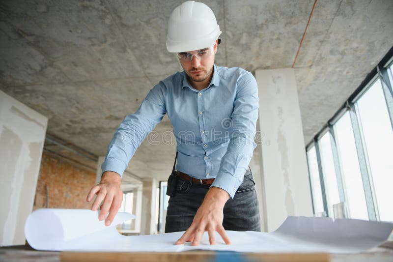 Portrait of an Architect Builder Studying Layout Plan of the Rooms ...