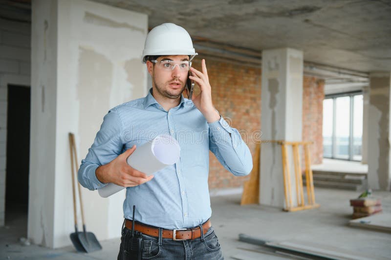 Portrait of an Architect Builder Studying Layout Plan of the Rooms ...