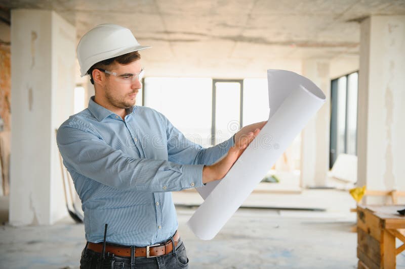 Portrait of an Architect Builder Studying Layout Plan of the Rooms ...