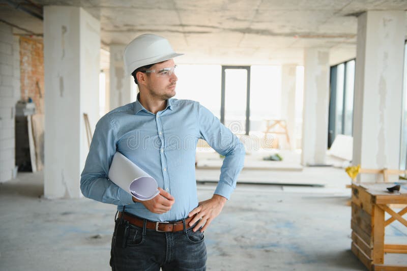 Portrait of an Architect Builder Studying Layout Plan of the Rooms ...