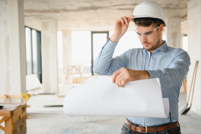 Portrait of an Architect Builder Studying Layout Plan of the Rooms ...