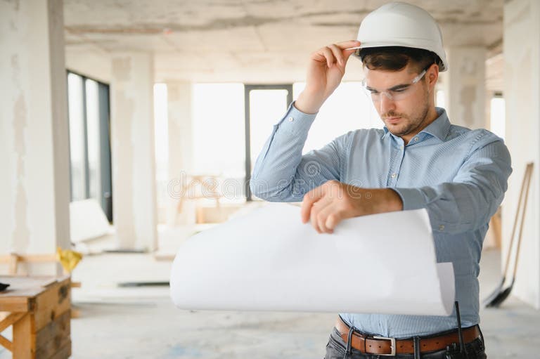 Portrait of an Architect Builder Studying Layout Plan of the Rooms ...