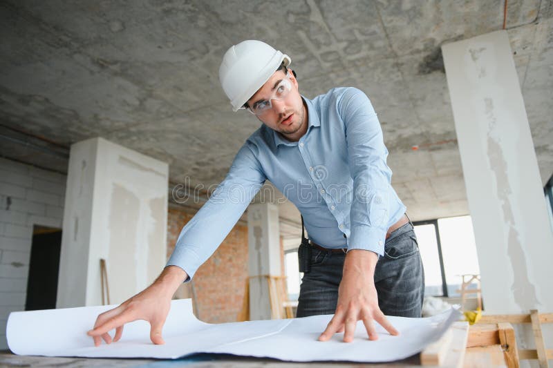 Portrait of an Architect Builder Studying Layout Plan of the Rooms ...