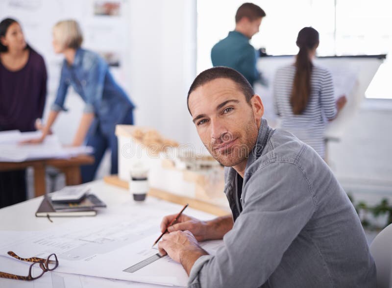 Portrait, Architecture and Blueprint with Designer Man in Office for ...