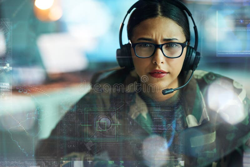 Portrait, Military Communication and Double Exposure with a Woman User Online for Location or ...