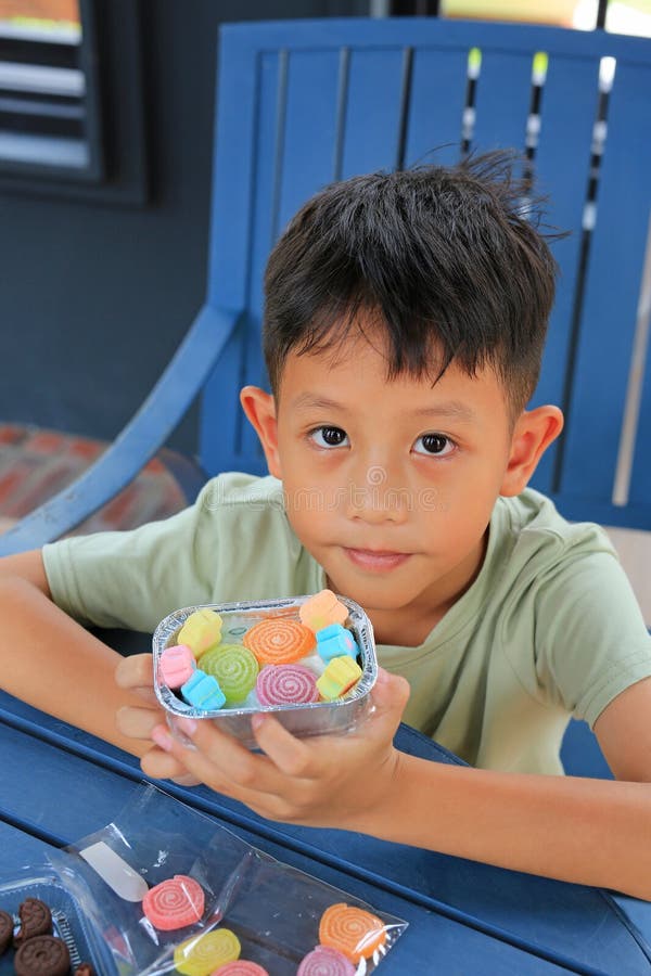 Portrait Asian Boy Child Making and Decorating Cake DIY Stock Photo ...