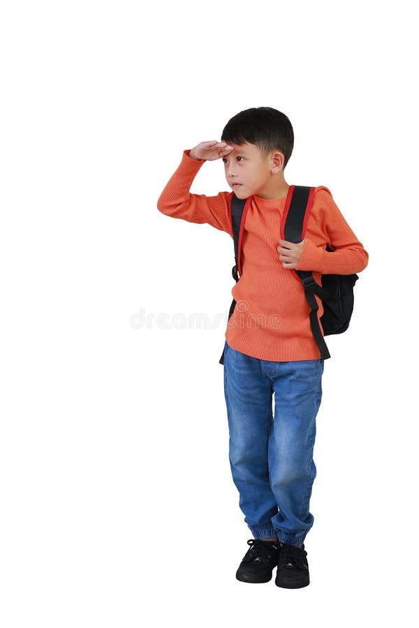 Portrait of Asian Boy Kid with Backpack Bag Looking Forward Copy Space ...