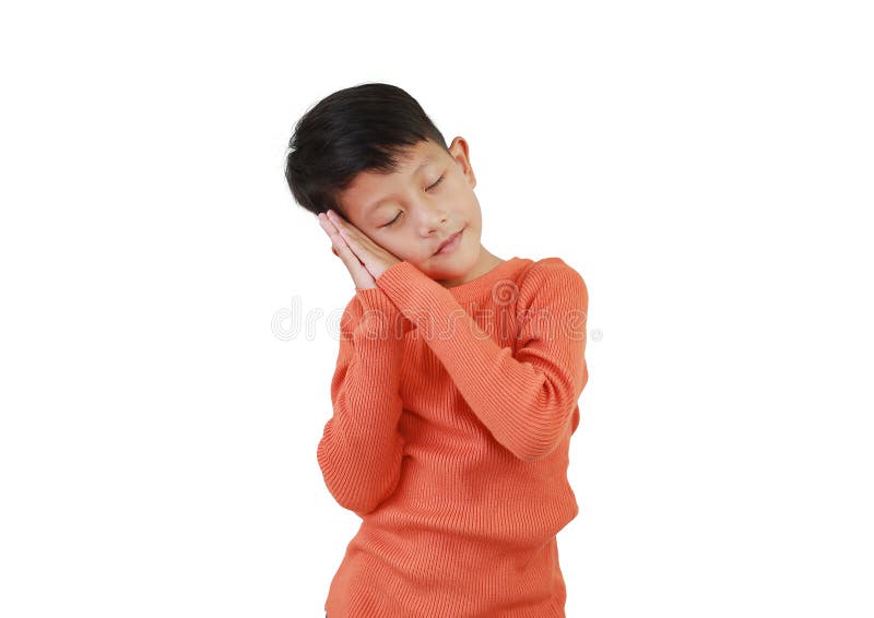 Portrait Asian Boy Kid Making Sleep Posture on White Isolated Studio ...