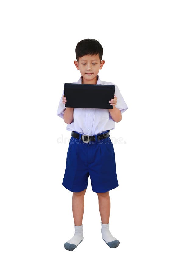 Portrait Asian Boy Primary Elementary School Uniform Playing Tablet ...