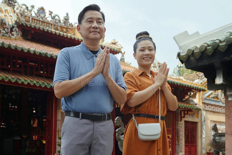 Asian Couple Praying in Ancient Temple Stock Image - Image of together ...