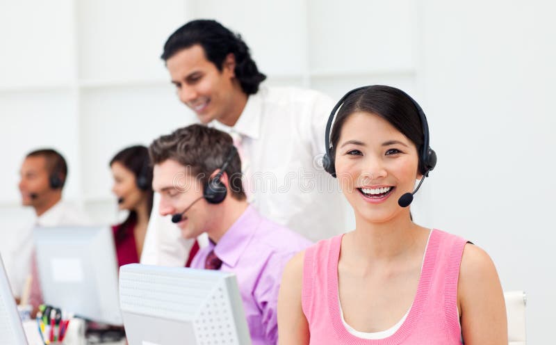 Portrait of an Asian Customer Agent and Her Team Stock Photo - Image of ...
